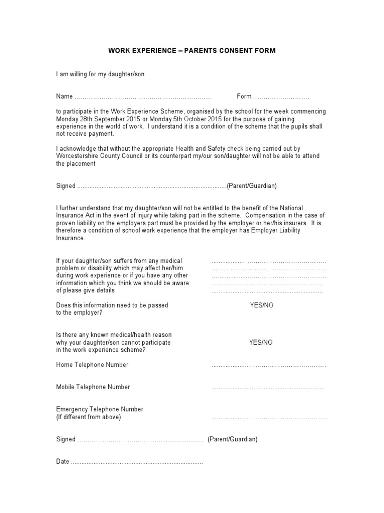 Parental Consent Form Template 18 | PDF | Employment | Health Sciences