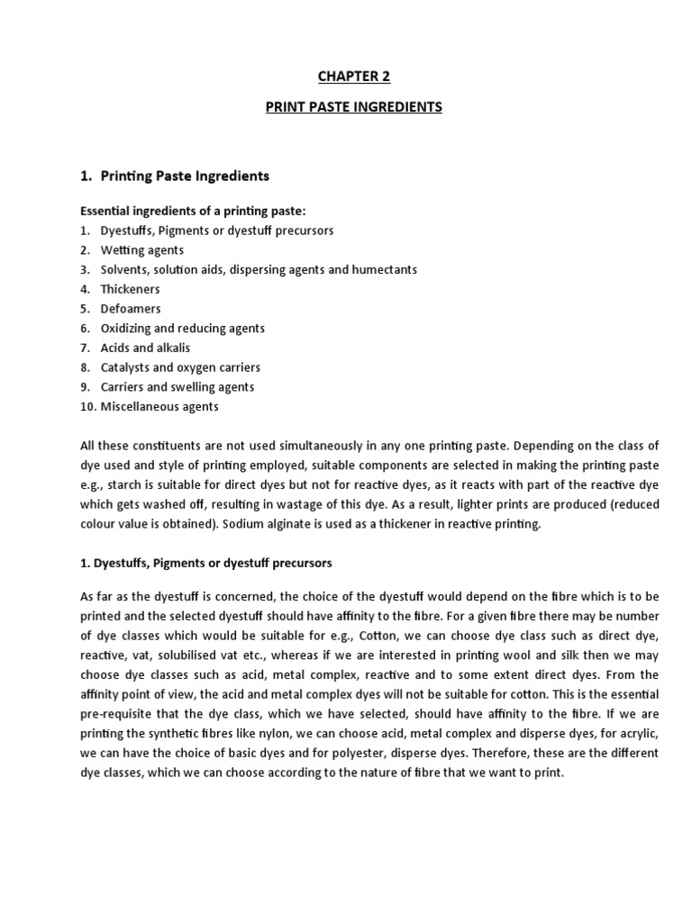 Printing Paste Ingredients and Functions | PDF | Dye | Ammonium