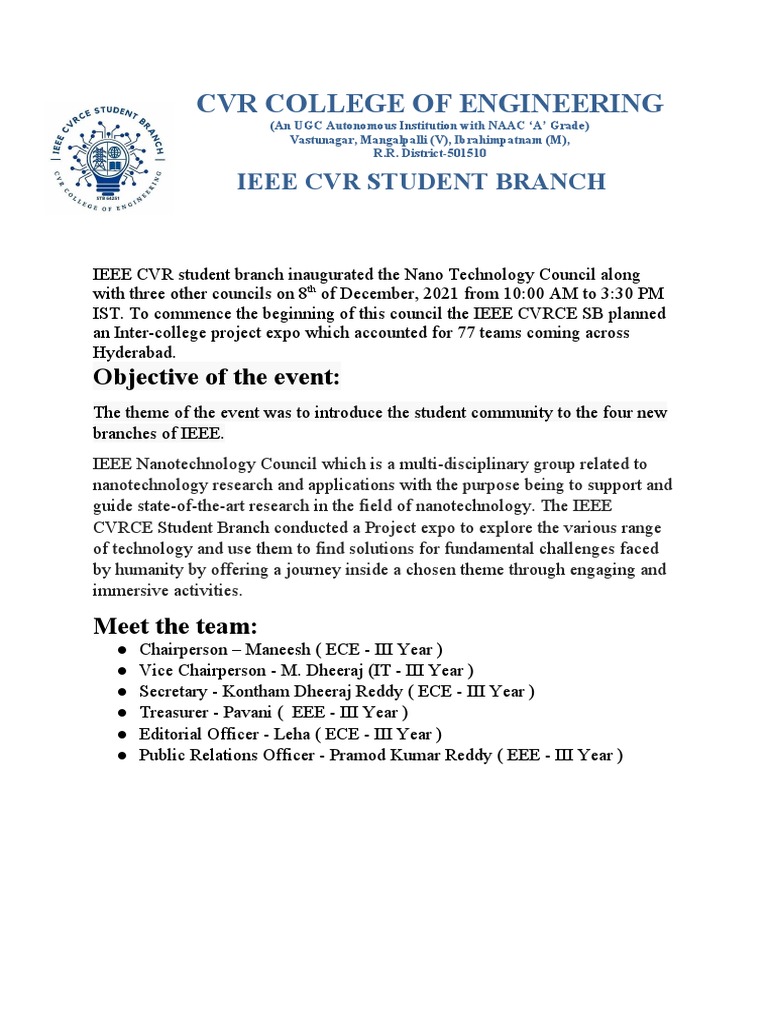 CVR College of Engineering: Ieee CVR Student Branch | PDF
