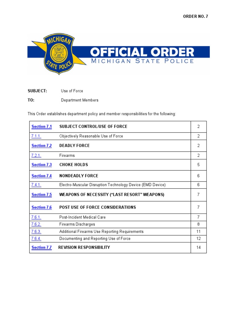 State Police Order | PDF | Deadly Force | Use Of Force