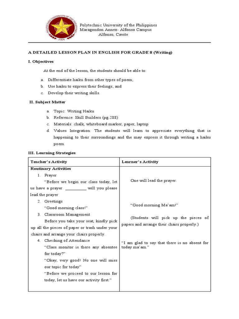 A Detailed Lesson Plan in English For Grade 8 (Writing) I. Objectives ...