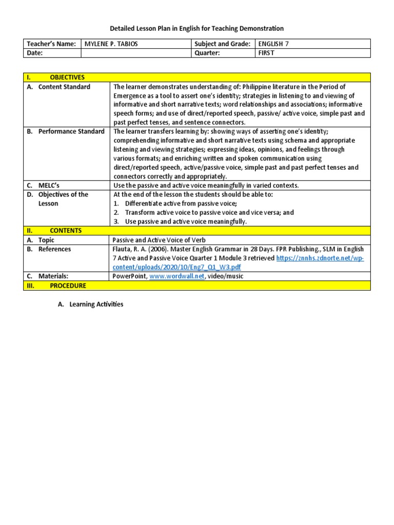 Detailed Lesson Plan in English (Passive and Active Voice) | PDF ...