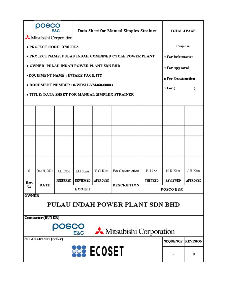Pulau Indah Power Plant SDN BHD: Data Sheet For Manual Simplex Strainer ...