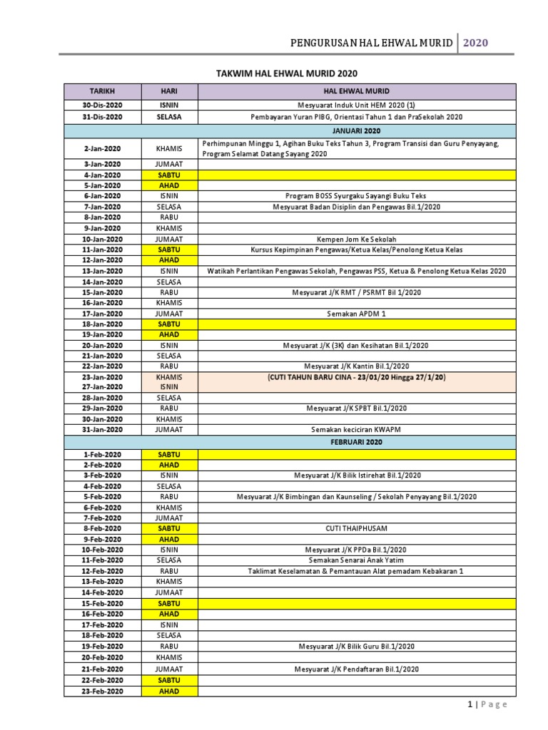 Takwim Unit Hem 2020 | PDF