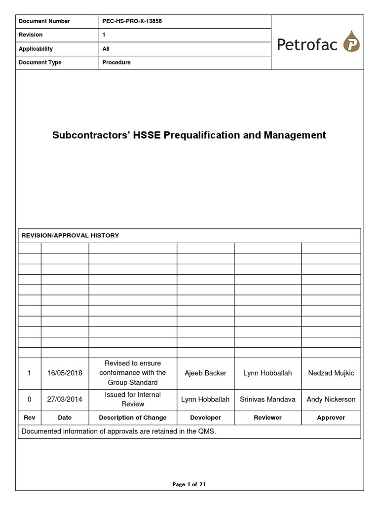 Subcontractor HSSE Prequalification Guide | PDF | Audit | Business