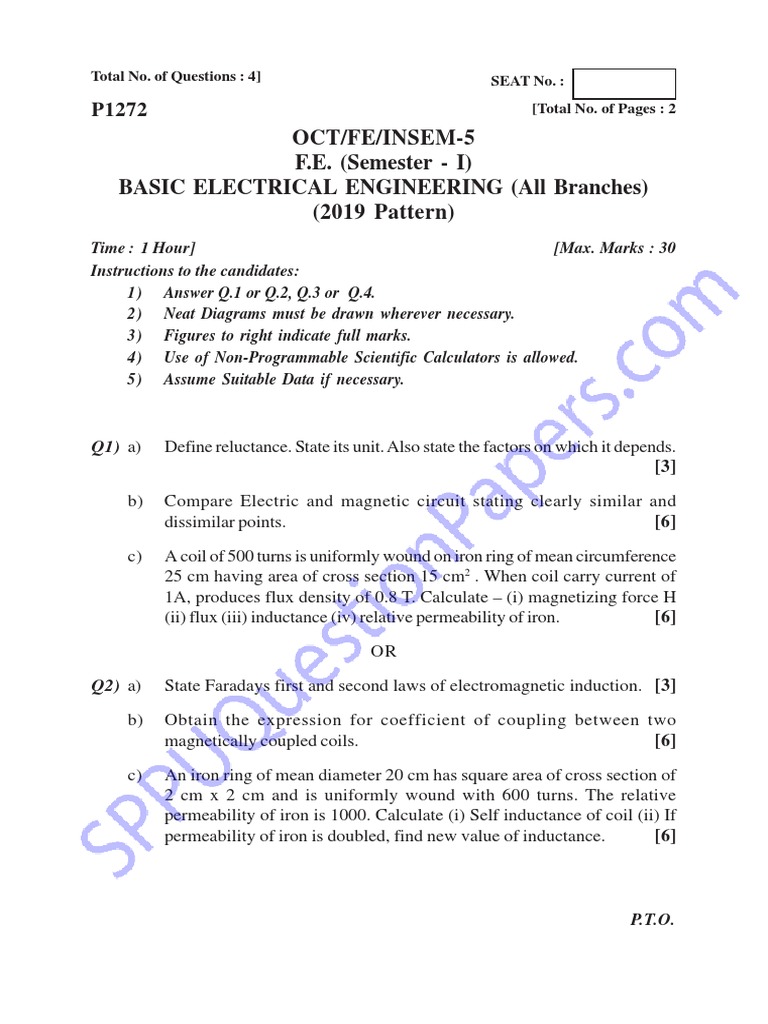 Be First Year Fe Engineering Semester 1 2019 October Basic Electrical Engineering Pattern 2019 ...