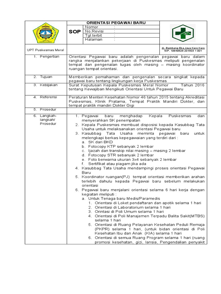 SOP Orientasi Pegawai Baru | PDF