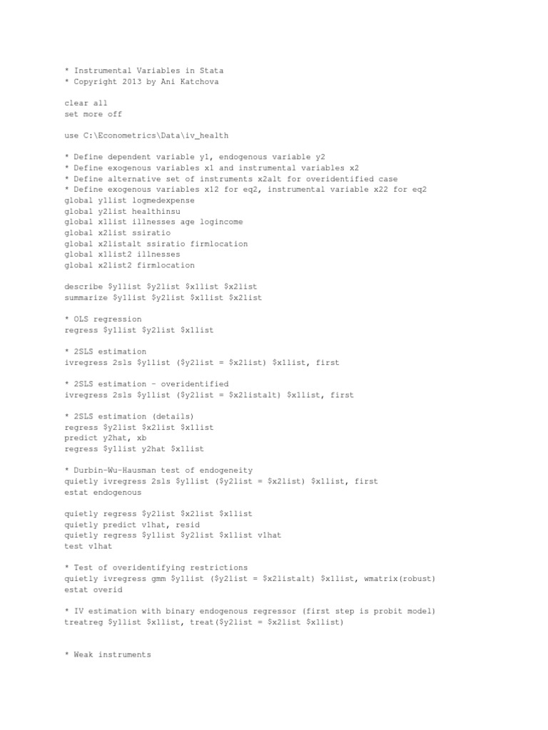 Instrumental Variables Stata Program And Output Pdf Dependent And Independent Variables