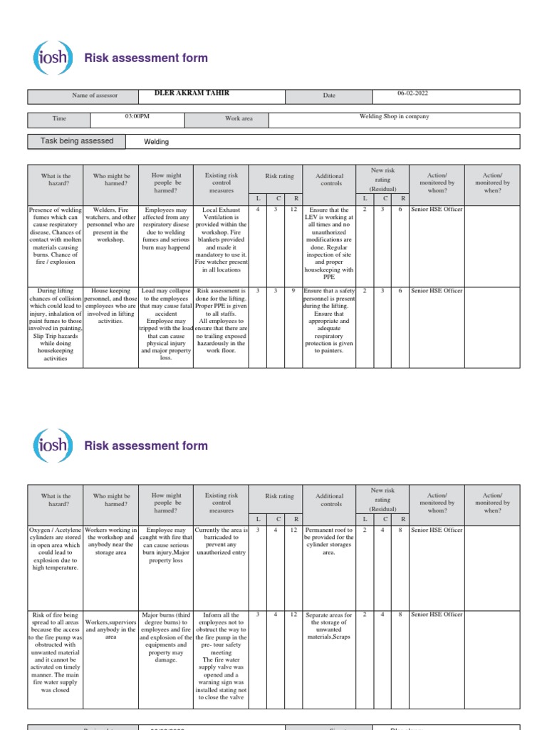 IOSH - Project Risk Assessment | PDF | Risk | Welding