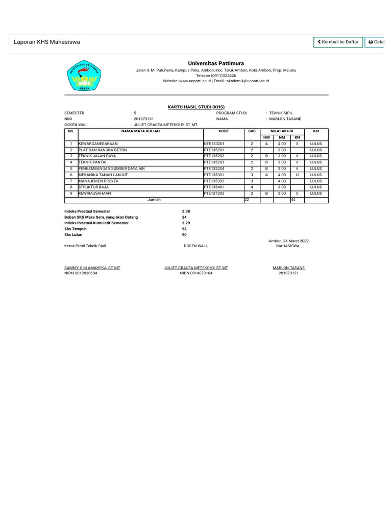 Laporan KHS Mahasiswa | PDF