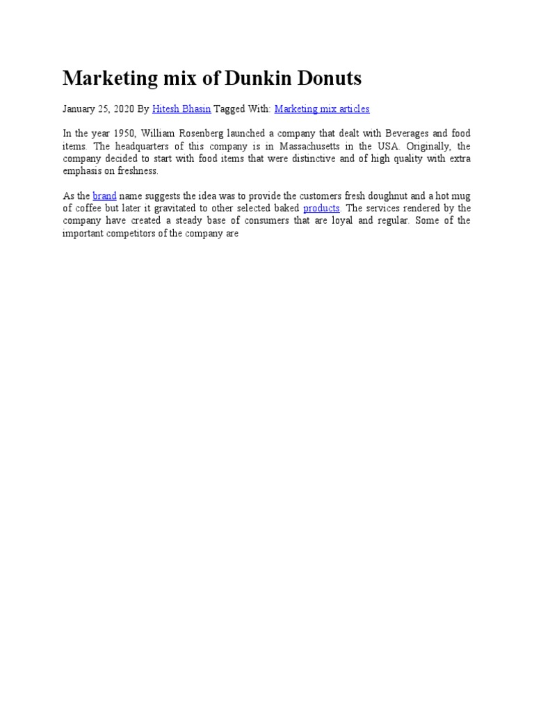Marketing Mix of Dunkin Donuts | PDF | Doughnut | Pricing