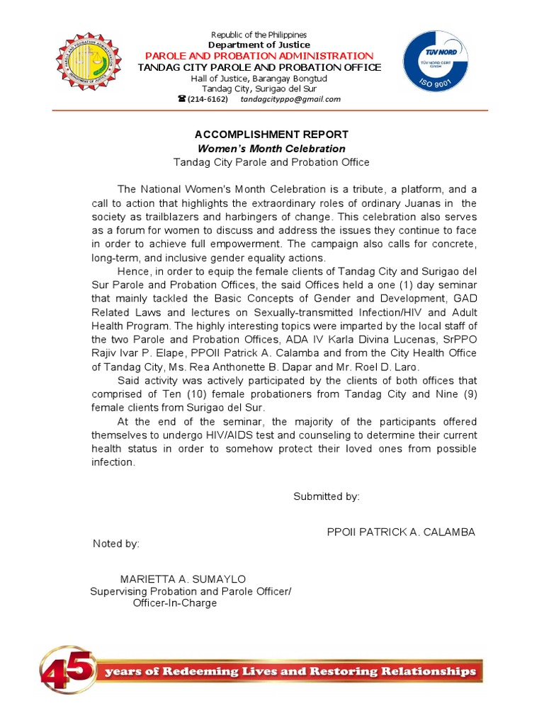 Accomplishment Report Re Womens Month Celebration | PDF | Probation ...