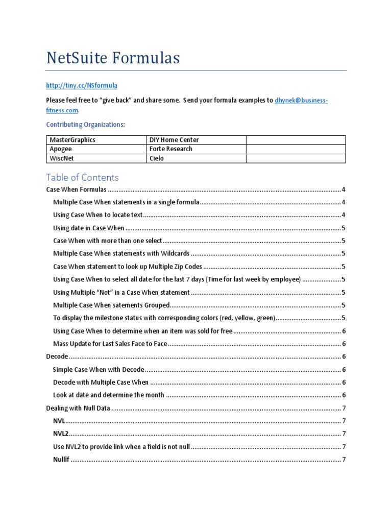 Netsuite Formulas: Contributing Organizations | PDF | Html | Computing