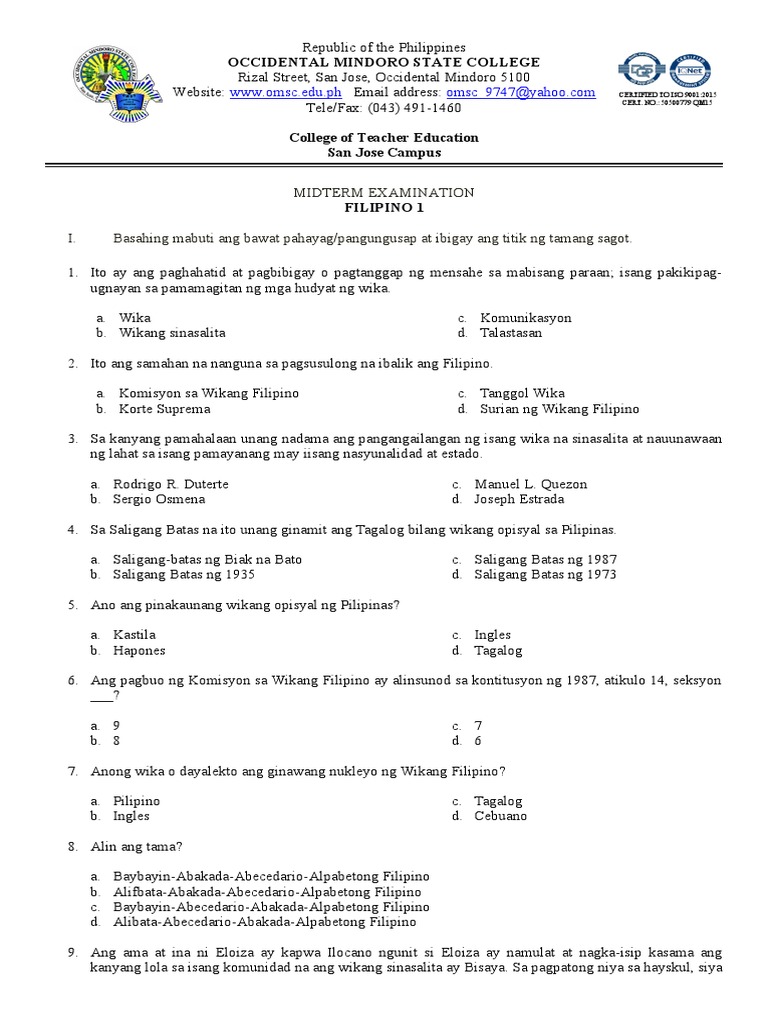 Filipino 1 MidTerm Exam | PDF