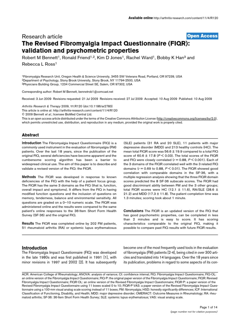 The Revised Fibromyalgia Impact Questionnaire (FIQR) : Validation and ...