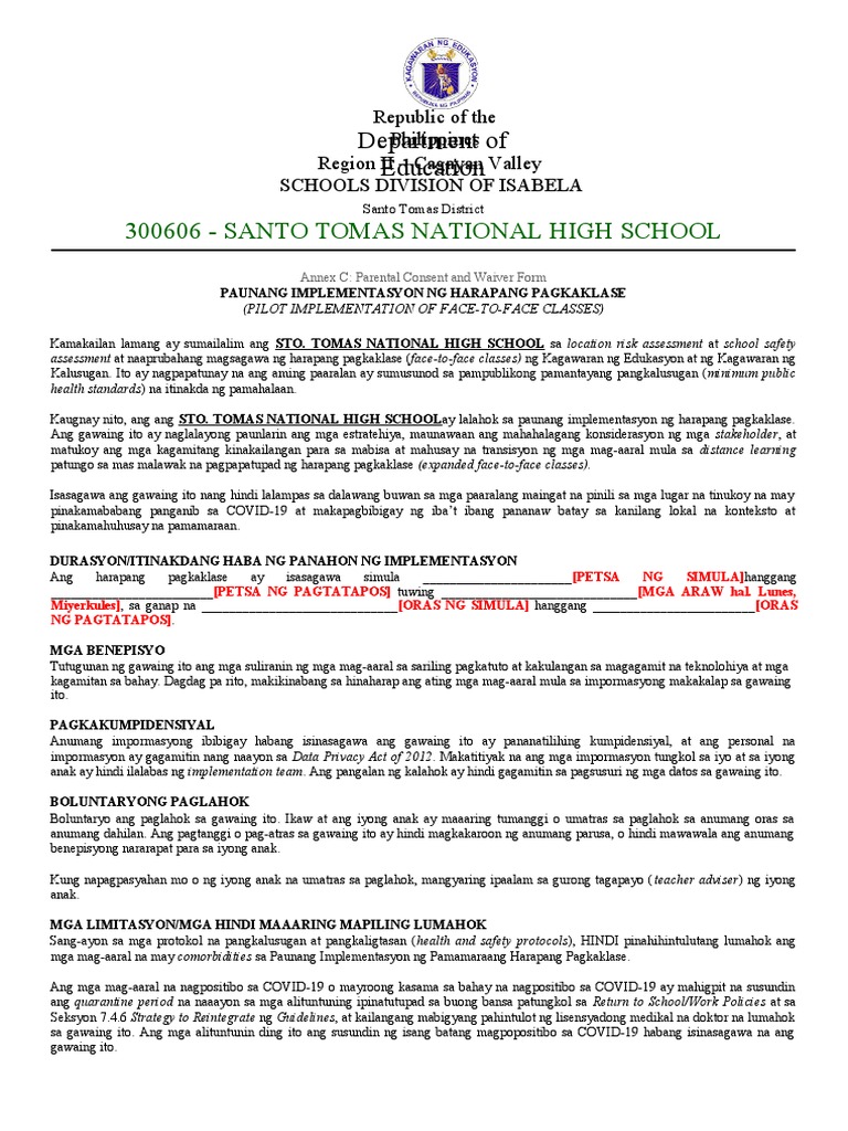 TAGALOG Annex C Parental Consent and Waiver Form | PDF