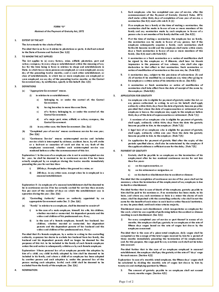 Gratuity Act 1972: Key Provisions Explained | PDF | Employment | Government