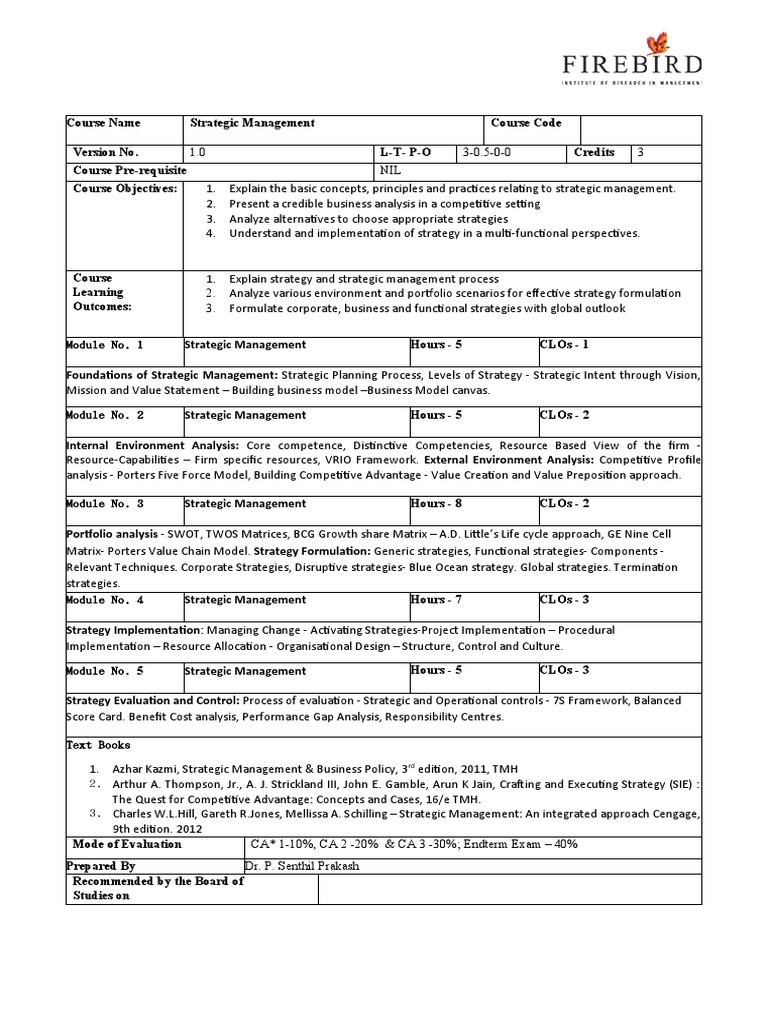 Startegic Management Syllabus | PDF | Strategic Management | Business