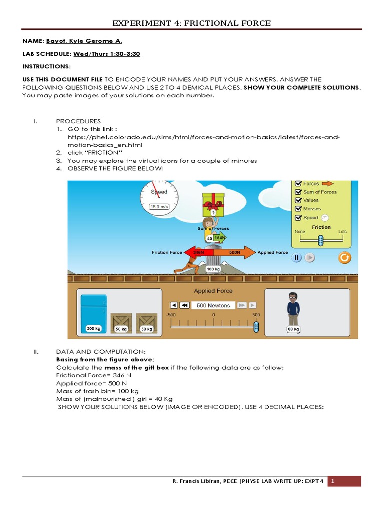 Experiment 4: Frictional Force | PDF | Friction | Mass