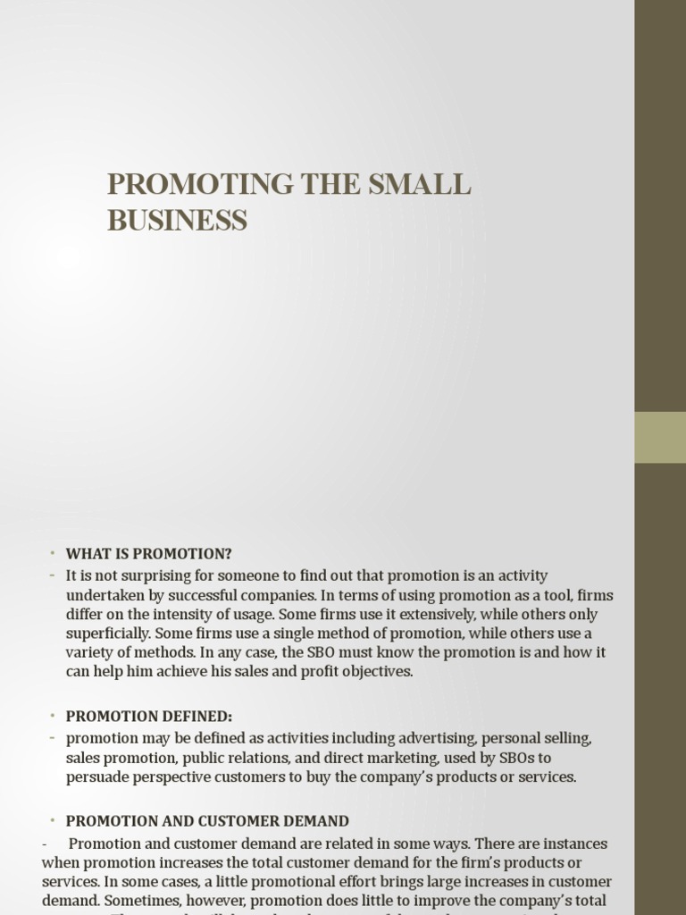 PROMOTING THE SMALL BUSINESS Presentation | Download Free PDF | Sales ...