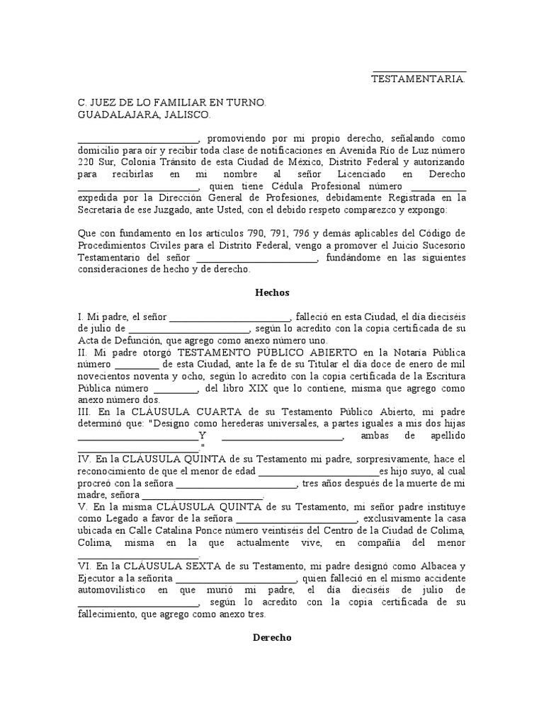 Modelo de Escrito Inicial de Demanda Intestamentaria | PDF | Voluntad y ...