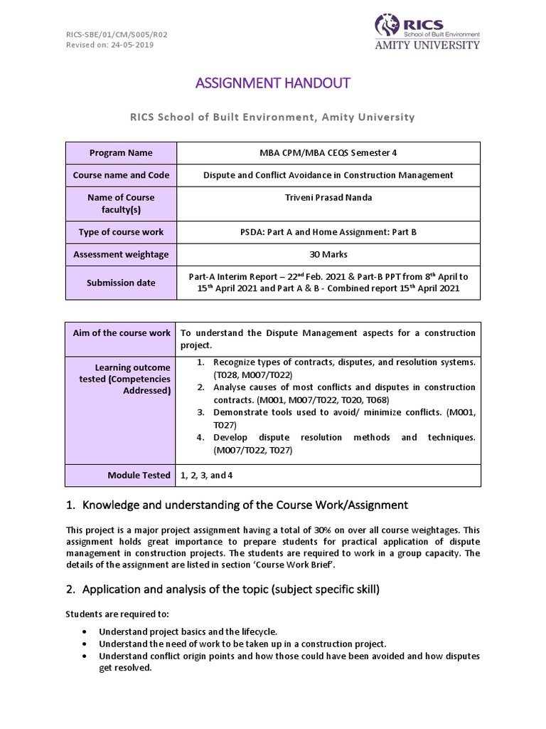 Assignment Handout: RICS School of Built Environment, Amity University ...