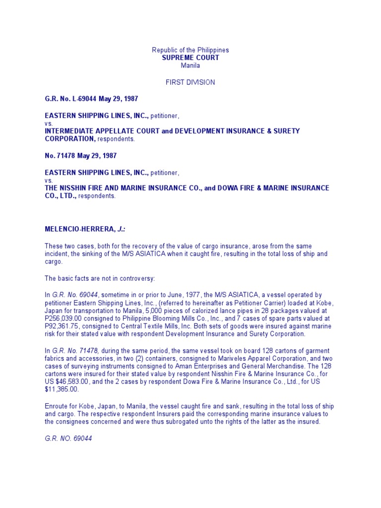 Eastern Shipping Lines, Inc. v. IAC, G.R. No. L-69044 and L-71478, May ...