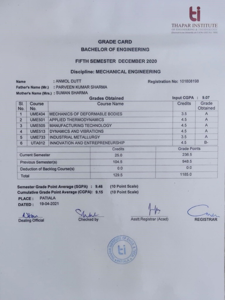 Fifth - Semester - Grade Card | PDF | Educational Assessment And ...