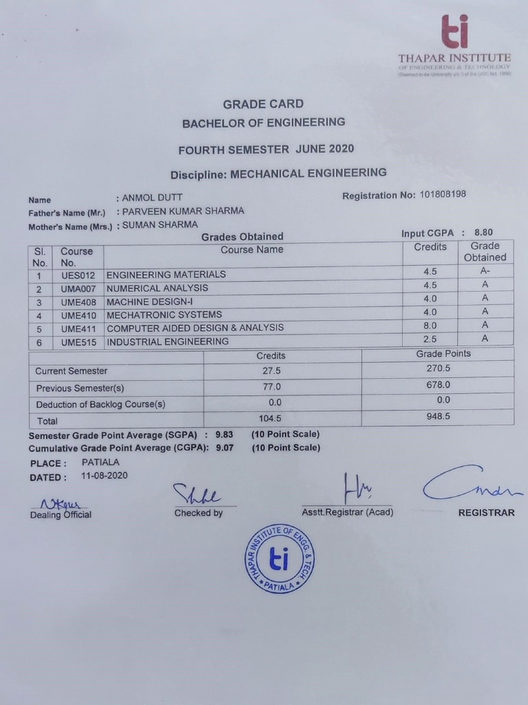 Grade Card: Fourth Semester June 2020 | PDF | Educational Assessment And Evaluation | Qualifications