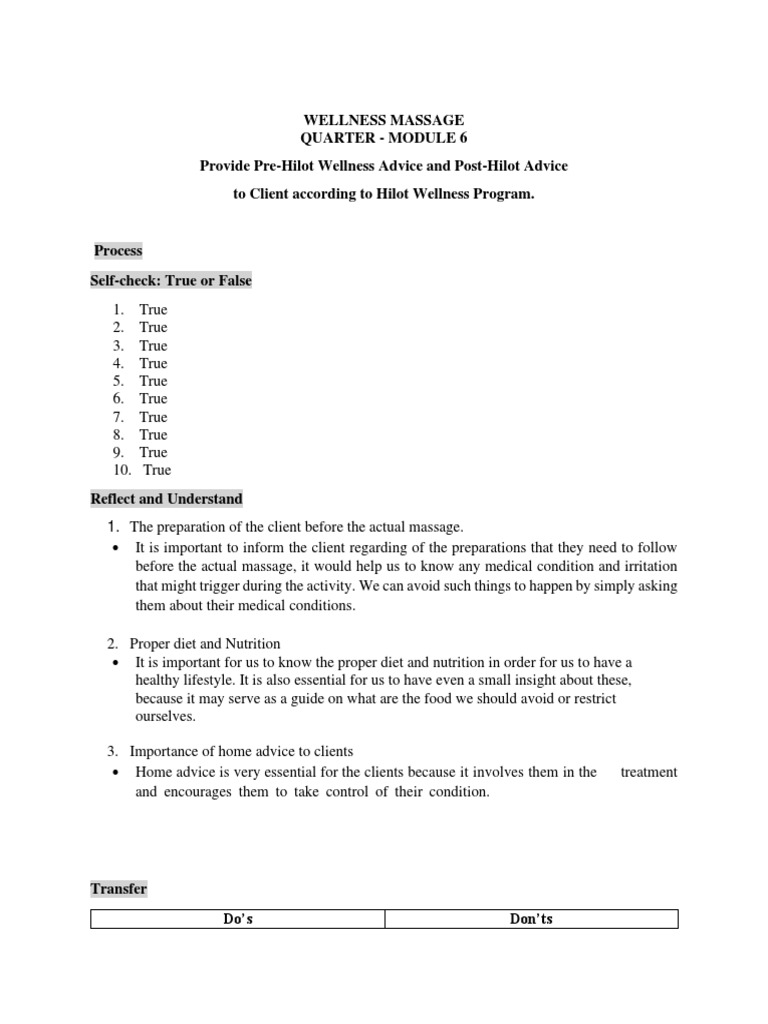 Wellness Massage Quarter - Module 6 Provide Pre-Hilot Wellness Advice ...
