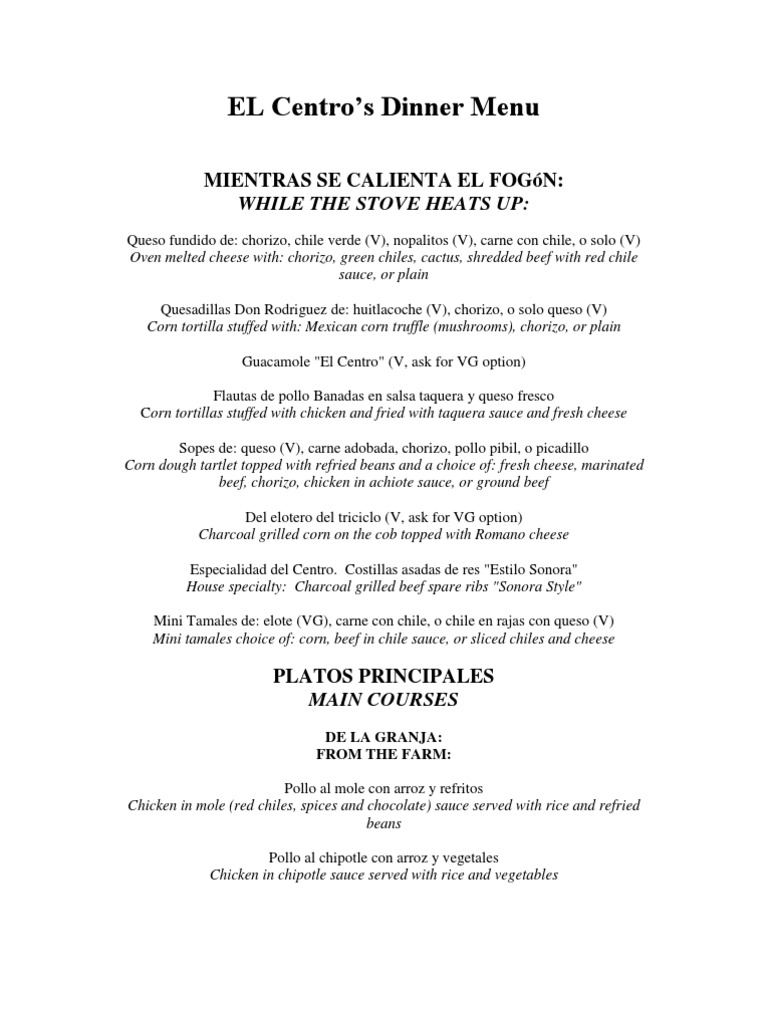 EL Centro's Dinner Menu: Mientras Se Calienta El Fogón | PDF | Cuisine ...