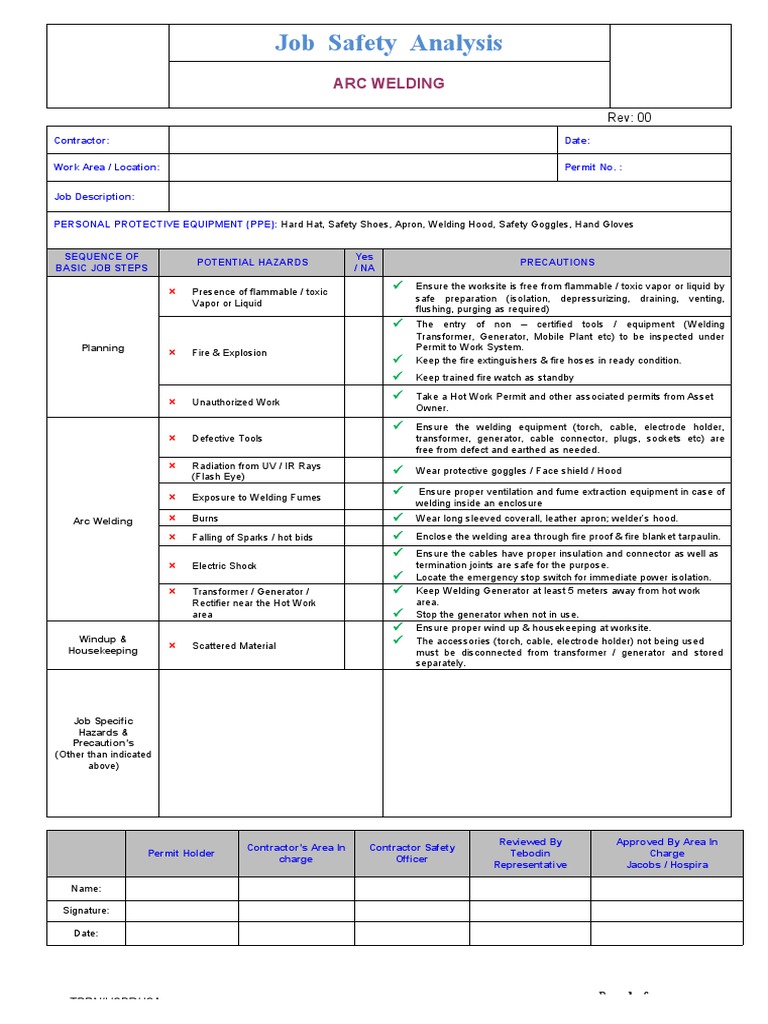 Job Safety Analysis: Arc Welding | PDF | Welding | Construction
