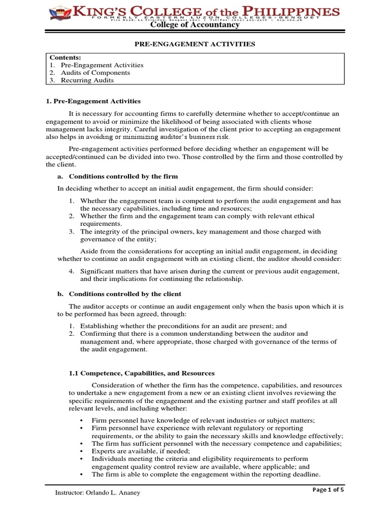 Lesson 6 Pre-Engagement Activities | PDF | Audit | Financial Statement