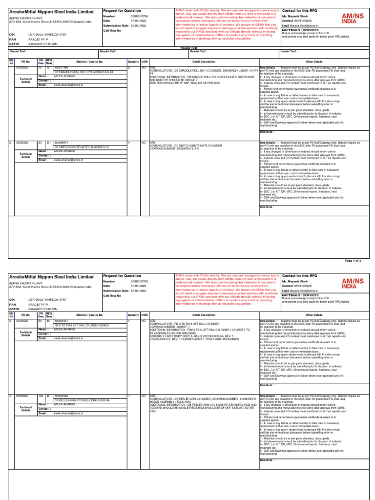 Arcelormittal Nippon Steel India Limited: Request For Quotation Contact ...