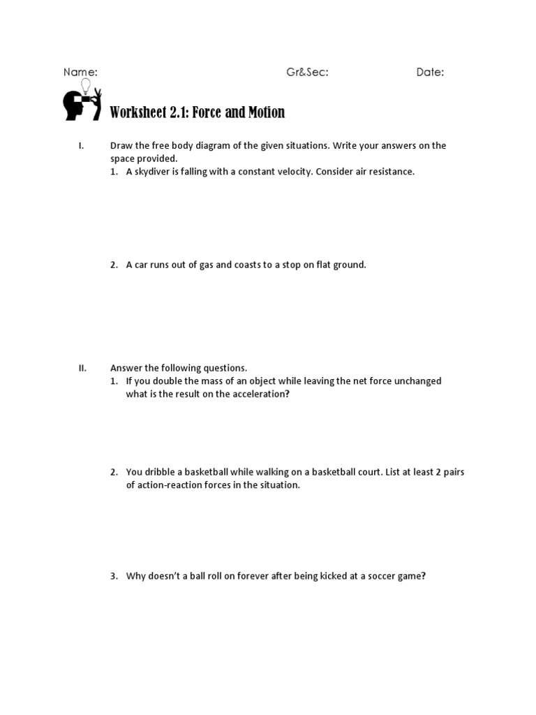 Worksheet 2.1 - Force and Motion | PDF
