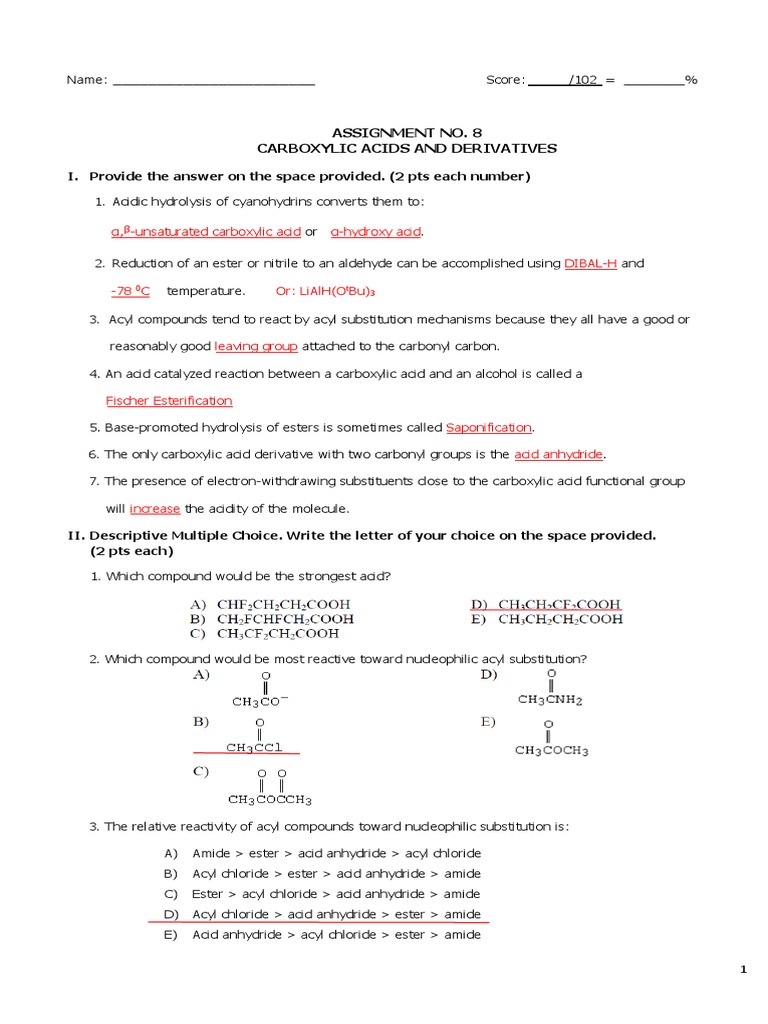Answer Key Assignment No. 6 Carboxylic Acid and Derivatives | PDF ...