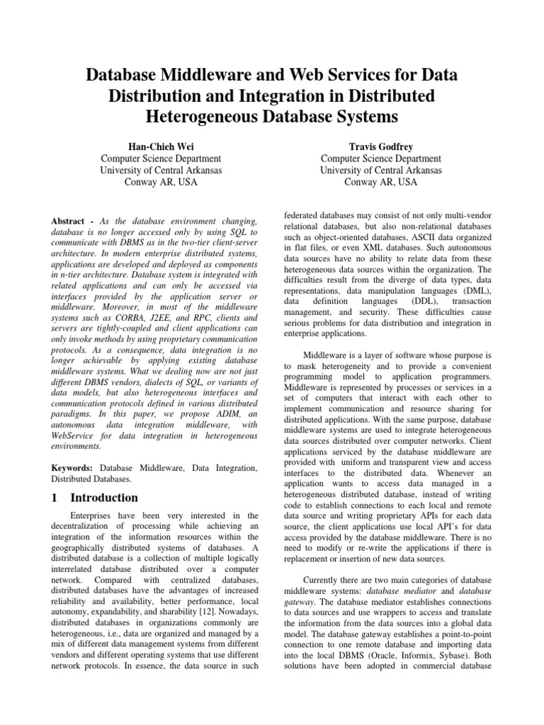 Database Middleware and Web Services For Data Distribution and Integration in Distributed ...