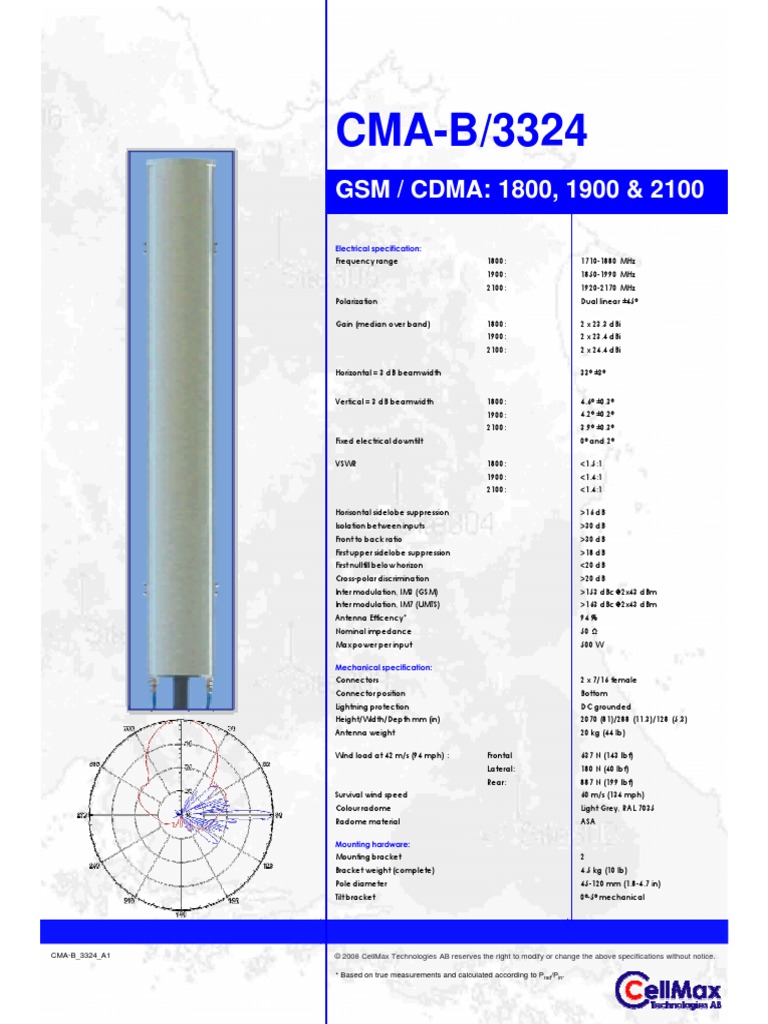 Cma-B/3324: GSM / Cdma: 1800, 1900 & 2100 | PDF | Decibel | Antenna (Radio)