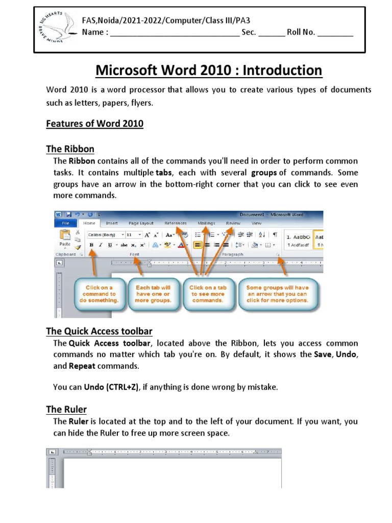 Class 3 MS Word 2010 Part 1 | PDF | Microsoft Word | Microsoft Windows