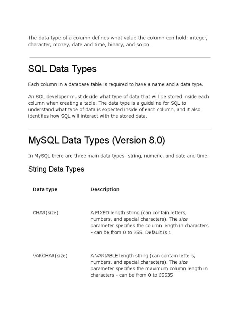 Sql Data Types Pdf Integer Computer Science String Computer Science