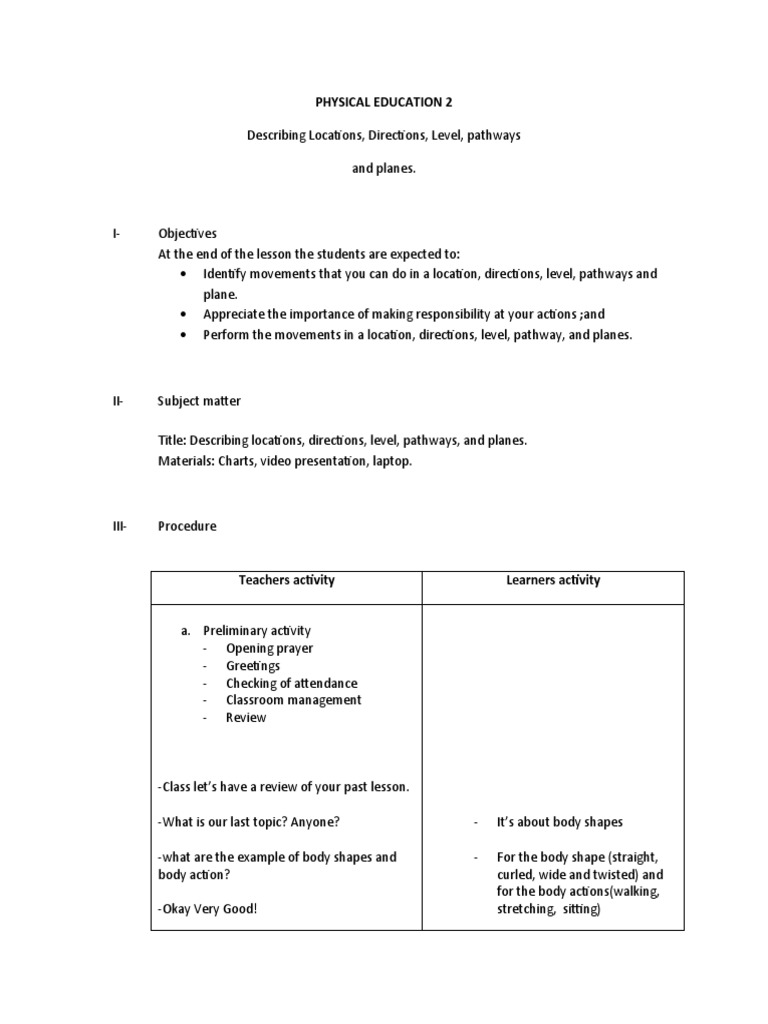Grade 2 PE: Movements & Directions | PDF | Lesson Plan | Teachers