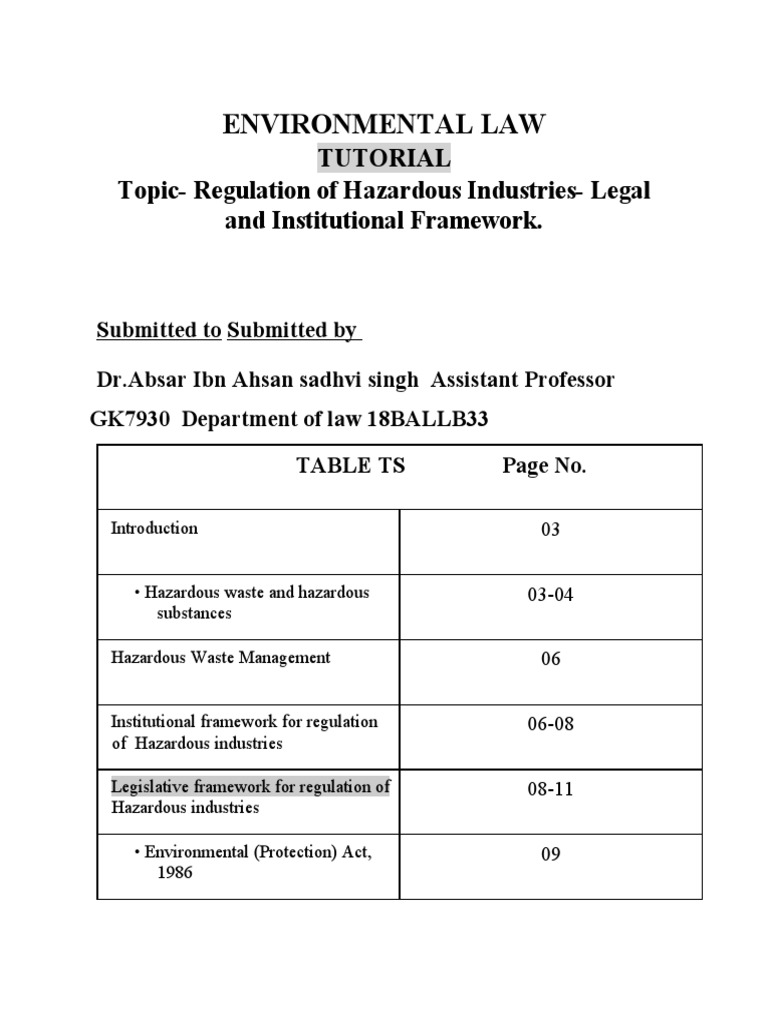 Environmental Law: Tutorial Topic-Regulation of Hazardous Industries ...