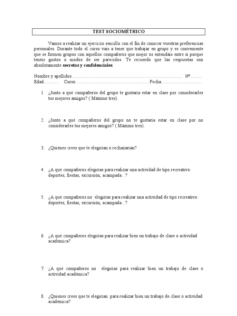 Test Sociométrico para Formación de Grupos | PDF | Relaciones ...