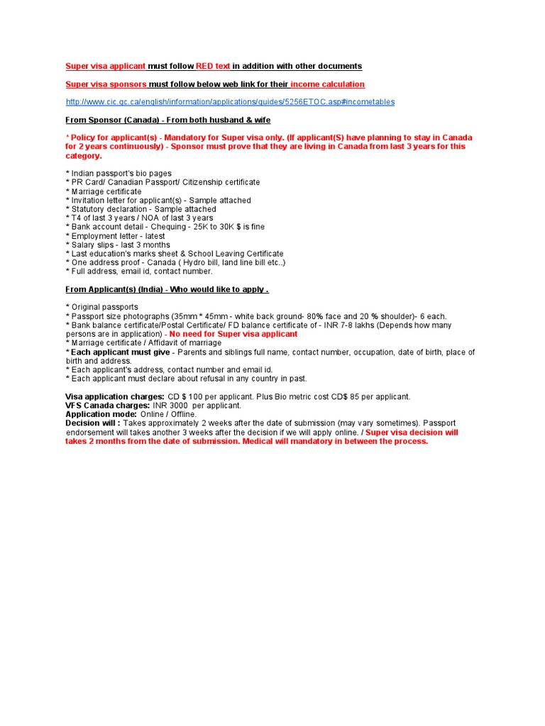 Super Visa Applicant - Checklist | PDF