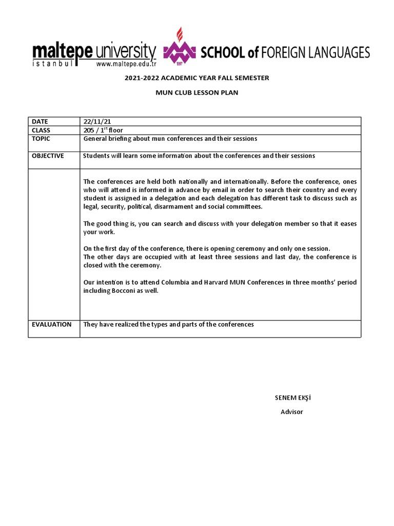 2021-2022 Academic Year Fall Semester Mun Club Lesson Plan: Date Class Topic Objective | PDF ...