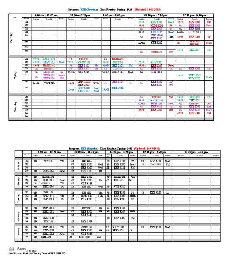 Class Routine Spring 2022 | PDF