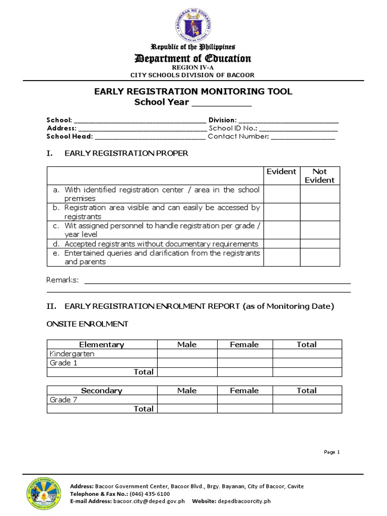Department of Education: Early Registration Monitoring Tool School Year ...