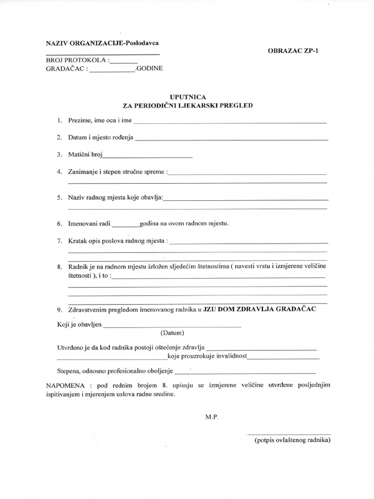 Uputnica ZP1 Obrazac | PDF