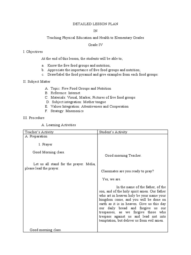 Detailed Lesson Plan - PEH | PDF | Foods | Teachers