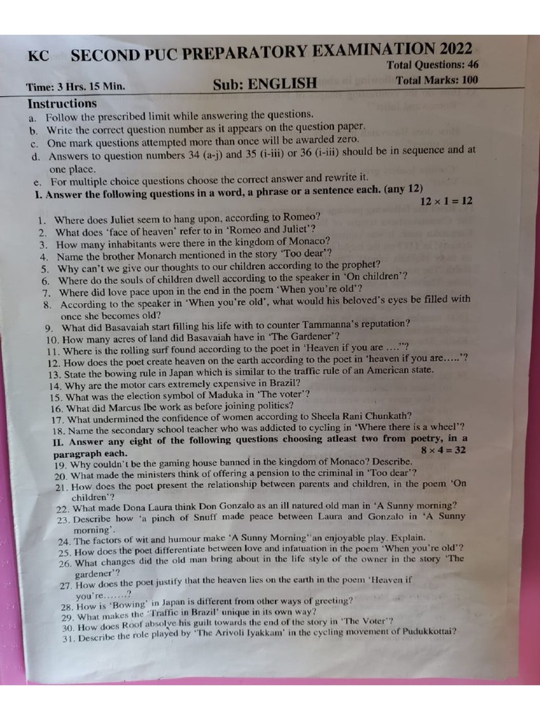 2nd PUC English Preparatory Exam Question Paper | PDF